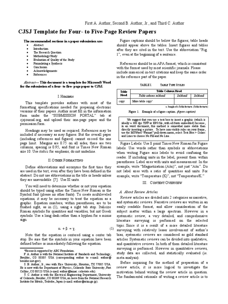 CJSJ Template For Four-To Five-Page Review Papers: First A. Author ...
