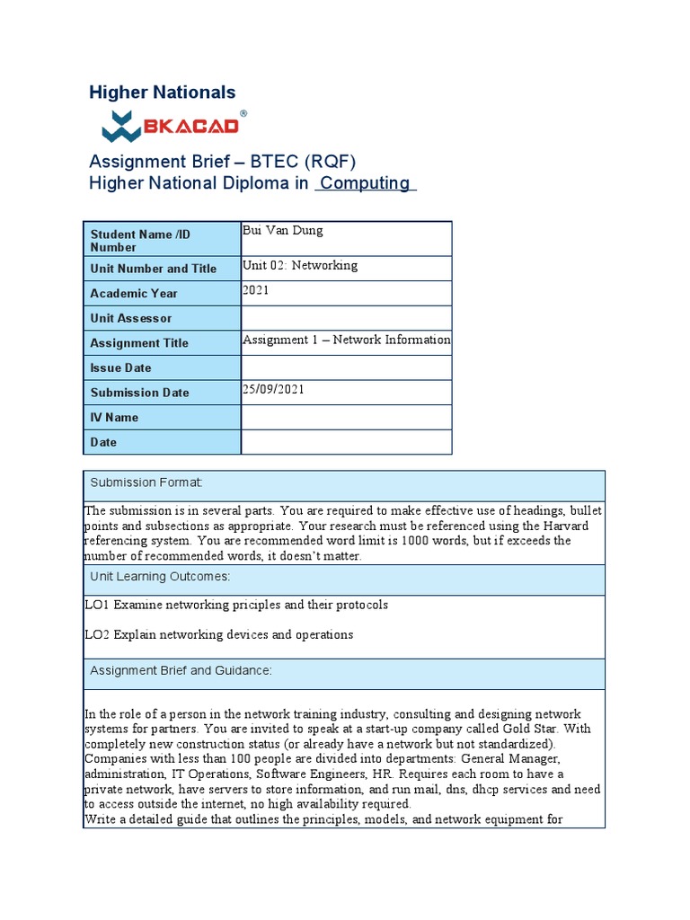 Assignment Brief - BTEC (RQF) Higher National Diploma in Computing ...