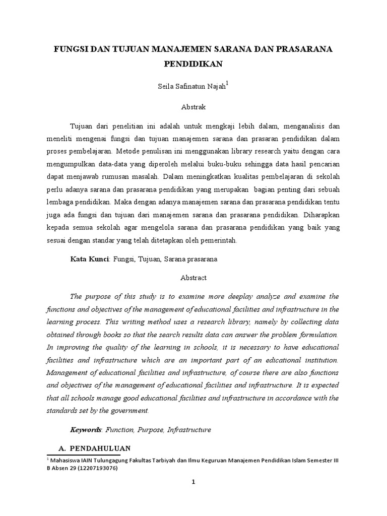 Fungsi Dan Tujuan Manajemen Sarana Dan Prasarana Pendidikan (SEILA) | PDF
