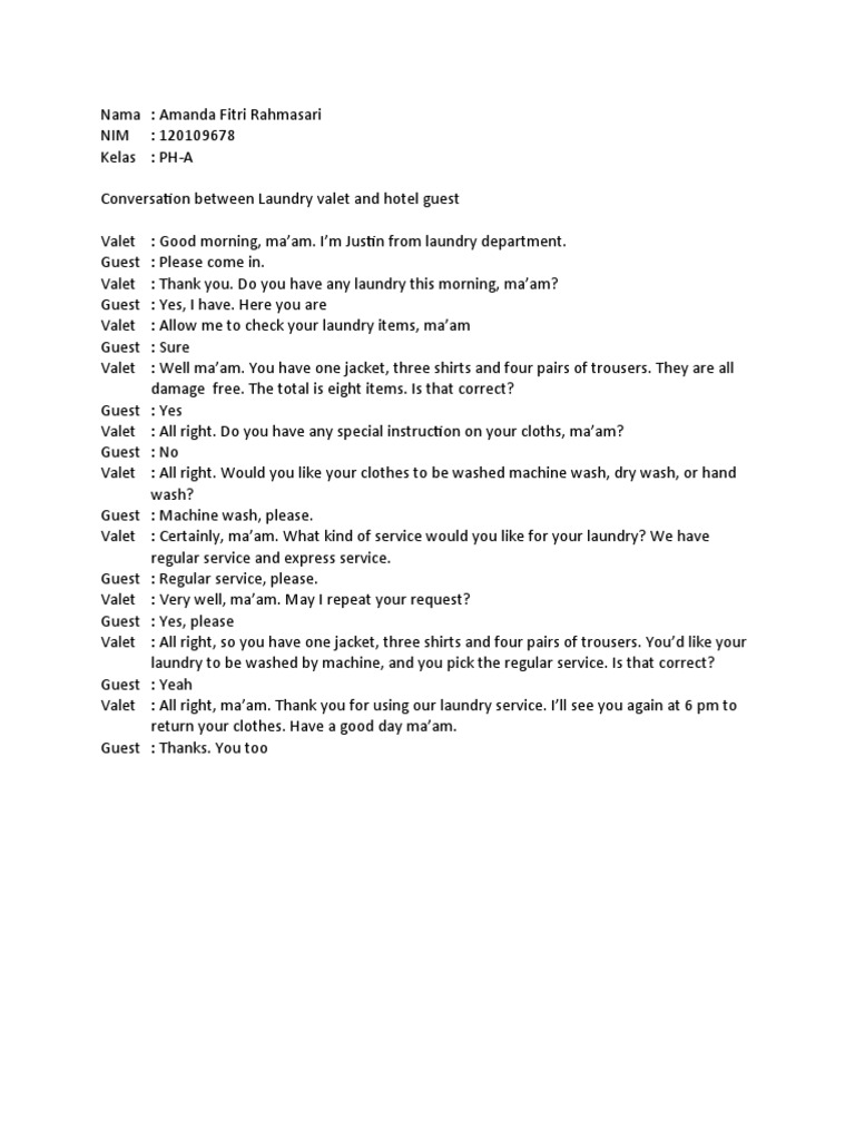 Laundry Valet Conversation Script | PDF