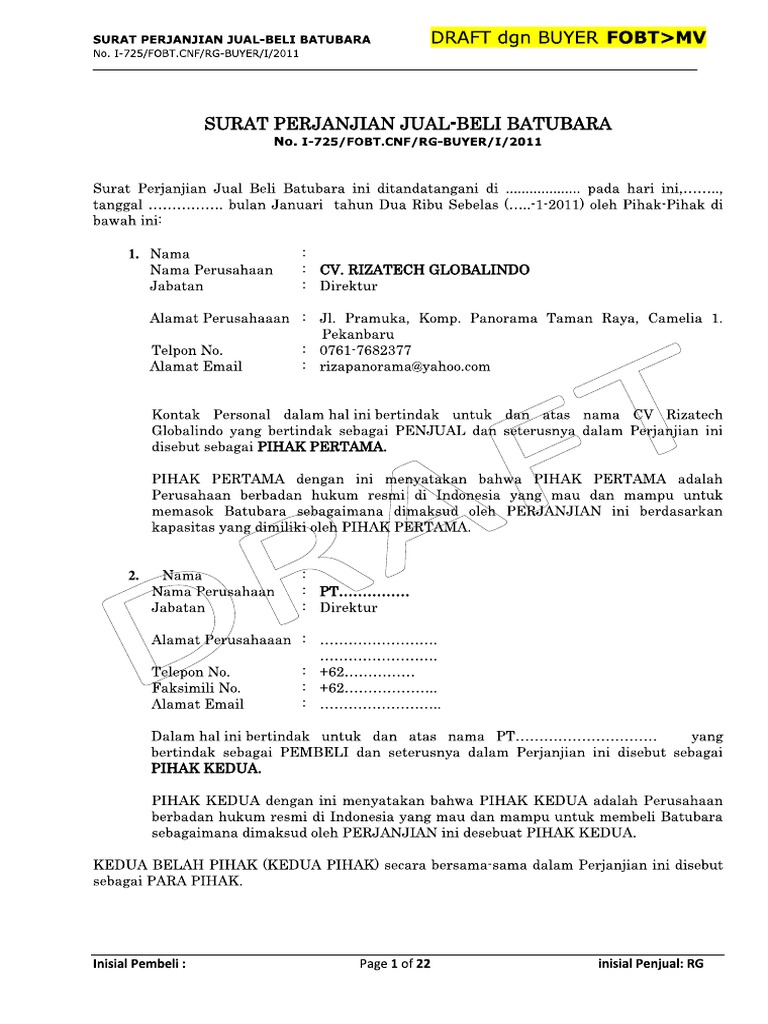 Draft Kontrak Coal Trading FOB Vessel | PDF