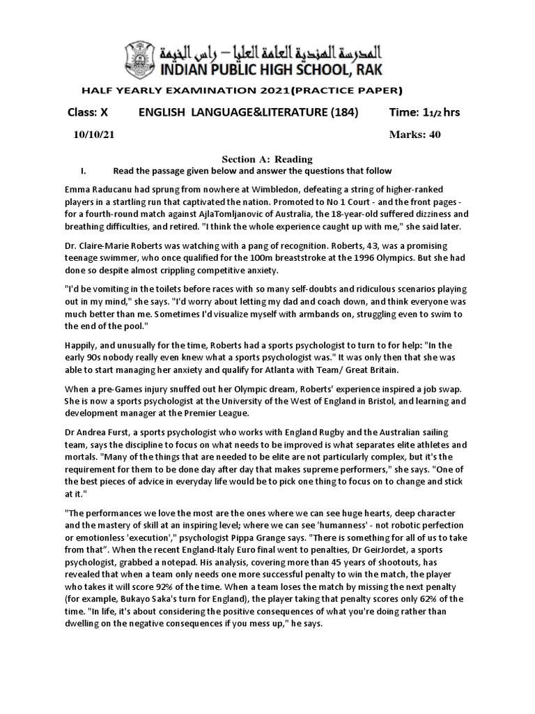 Class: X English Language&Literature (184) Time: 1 Hrs | PDF | Literacy ...