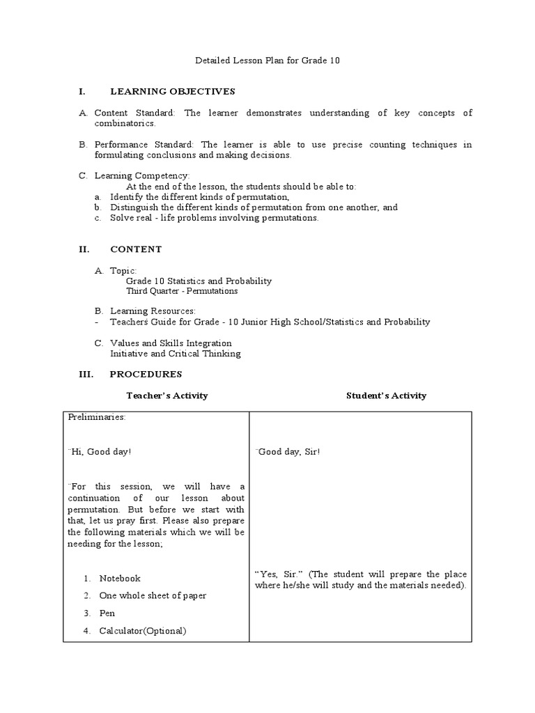 I. Learning Objectives: Third Quarter - Permutations | PDF ...