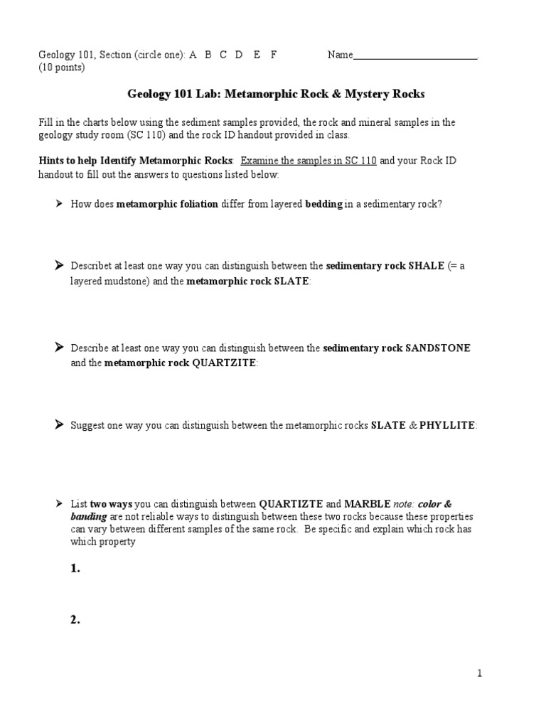 Geology 101 Lab: Metamorphic Rock & Mystery Rocks | PDF | Rock (Geology ...