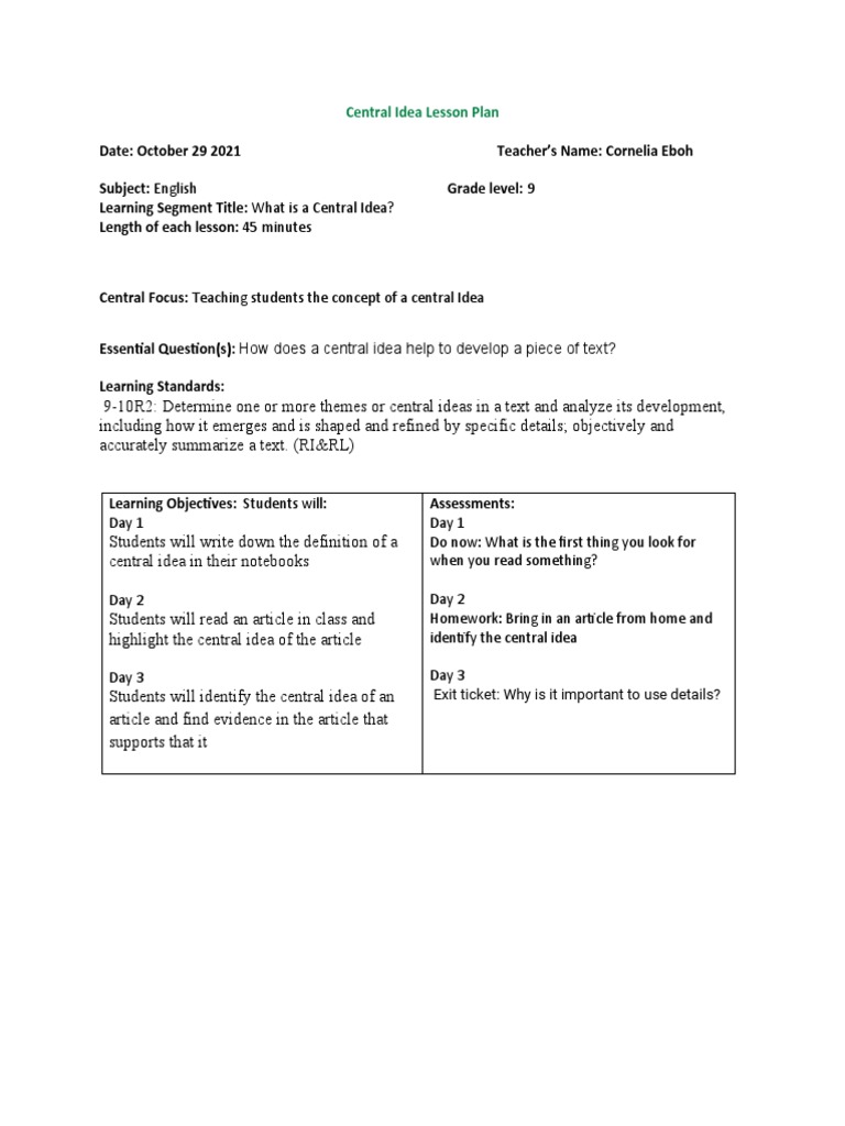 Central Idea Lesson Plan | PDF | Lesson Plan | Communication