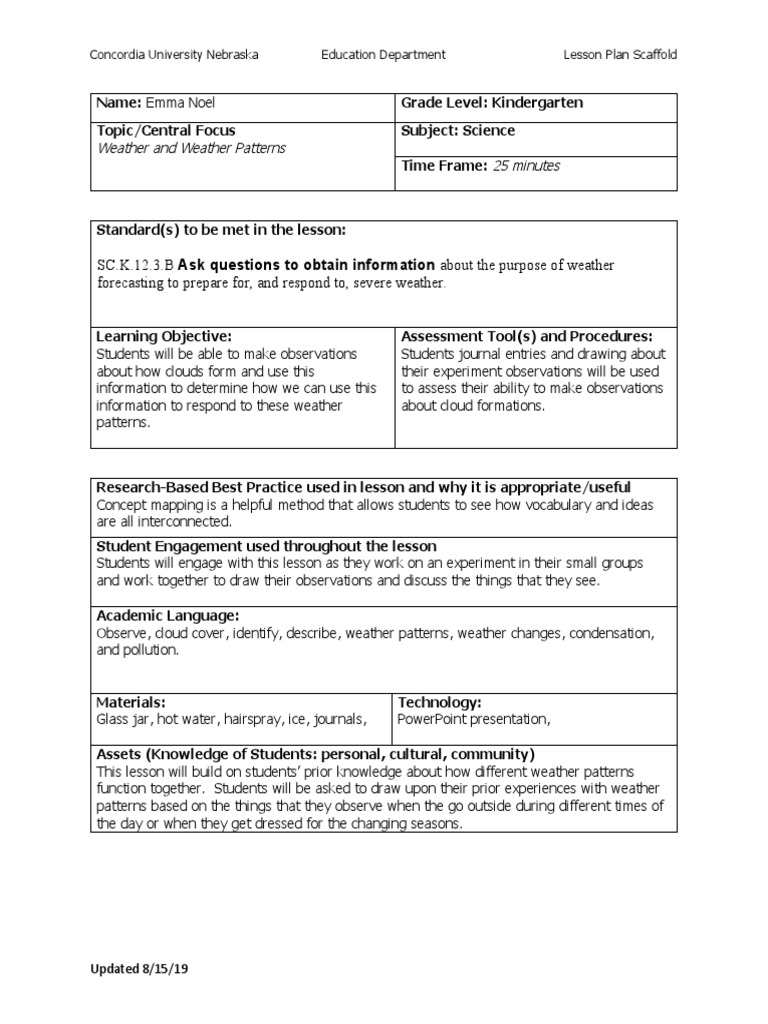 Kindergarten Weather Lesson Plan | PDF | Lesson Plan | Fog