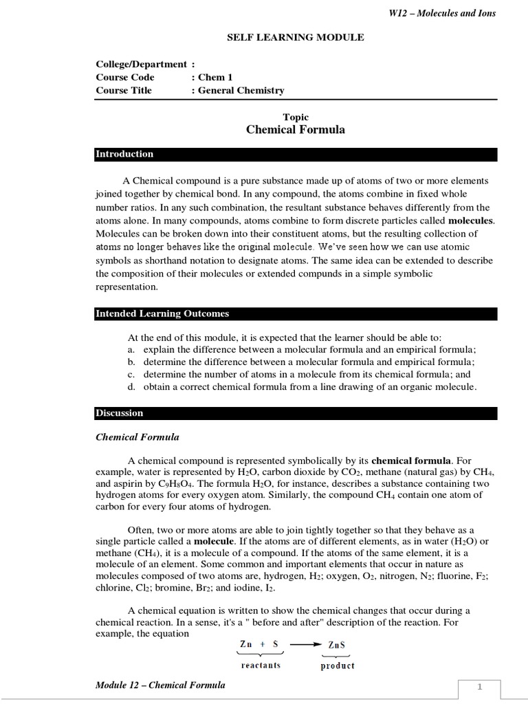 W12 Module - Chemical Formula | PDF | Molecules | Mole (Unit)