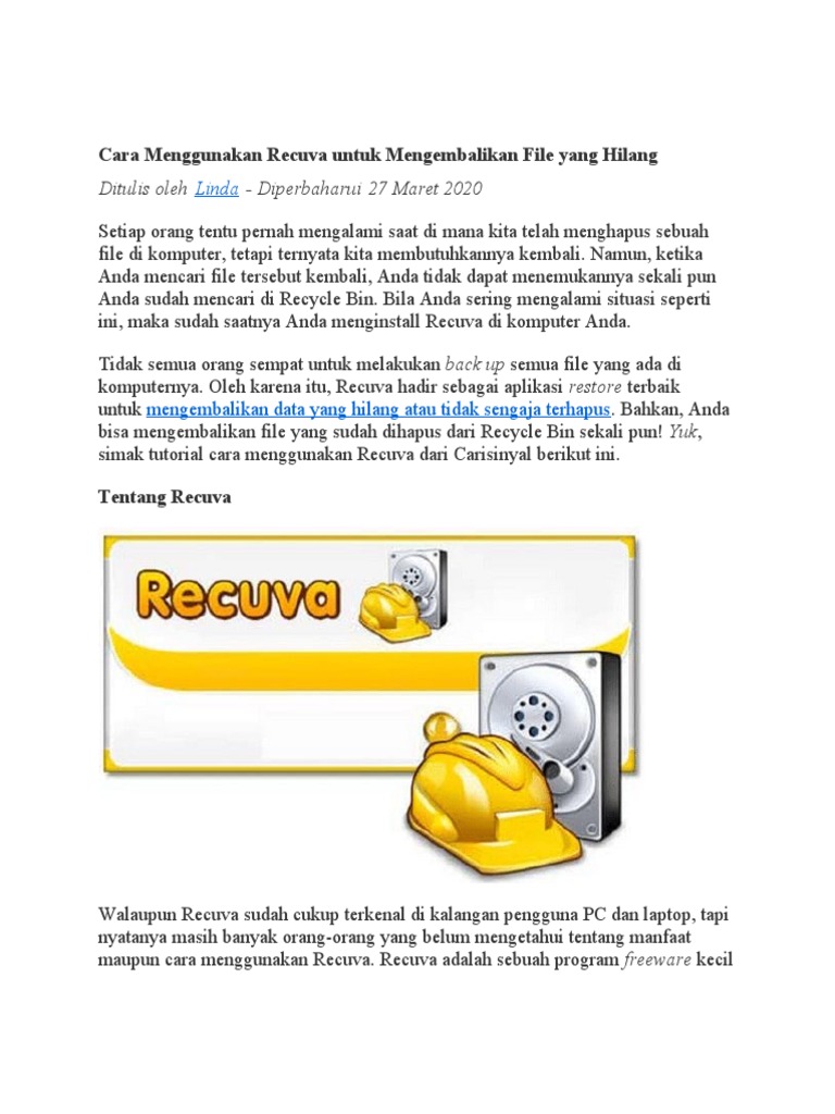 Cara Menggunakan Recuva Untuk Mengembalikan File Yang Hilang | PDF