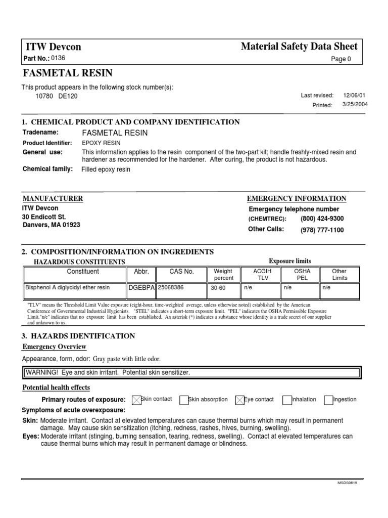 ITW Devcon Material Safety Data Sheet: Fasmetal Resin | PDF | Firefighting | Dangerous Goods