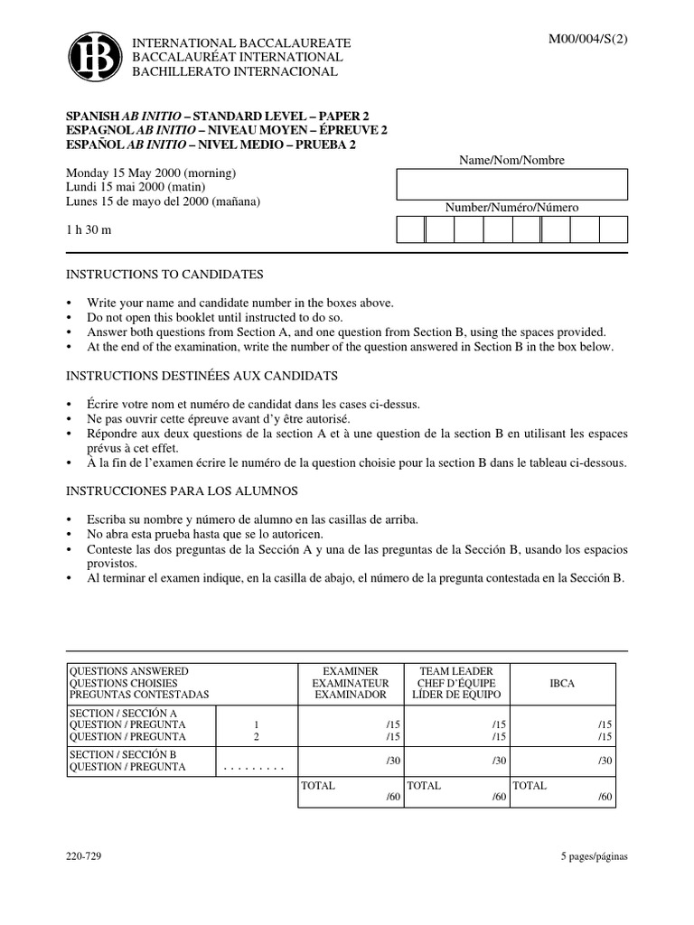 Spanish Ab Initio SL May 2000 P2 | PDF