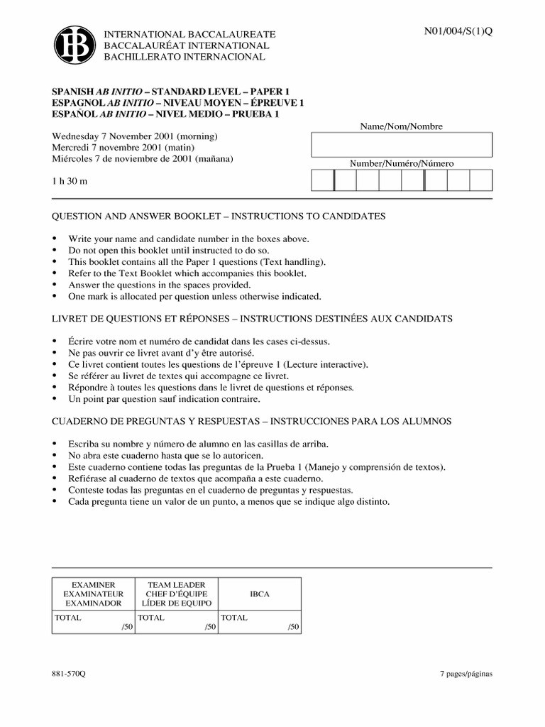 Spanish Ab Initio SL Nov 2001 P1 Q | PDF
