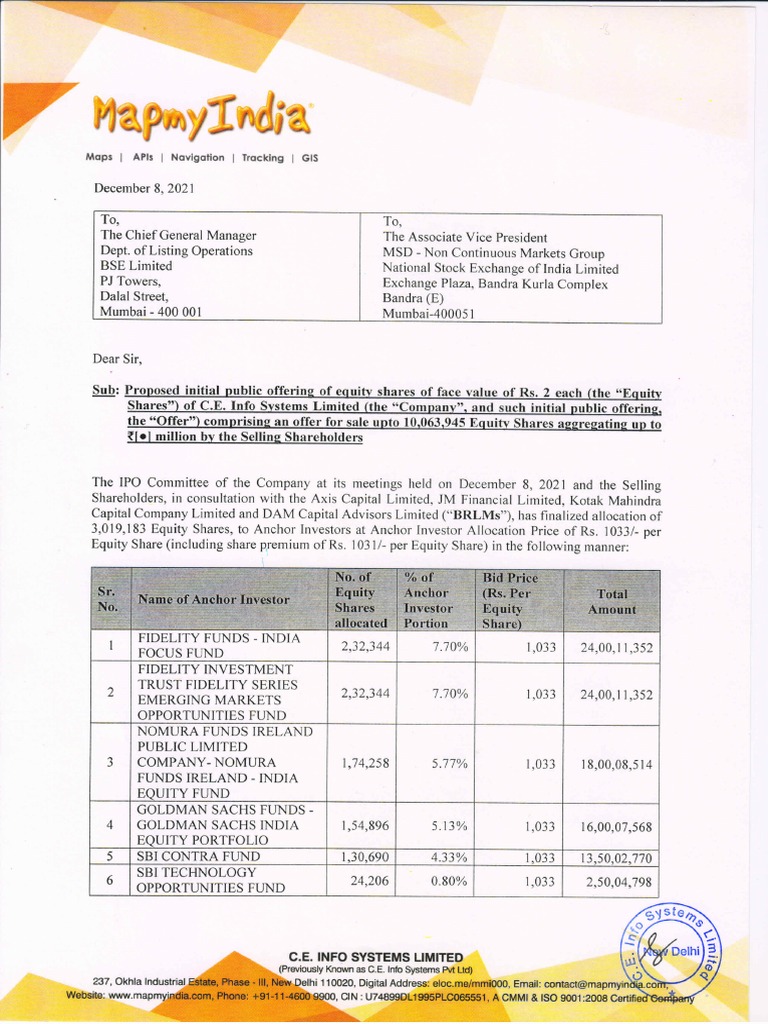 SE Intimation - Allocation To Anchor Investor | PDF