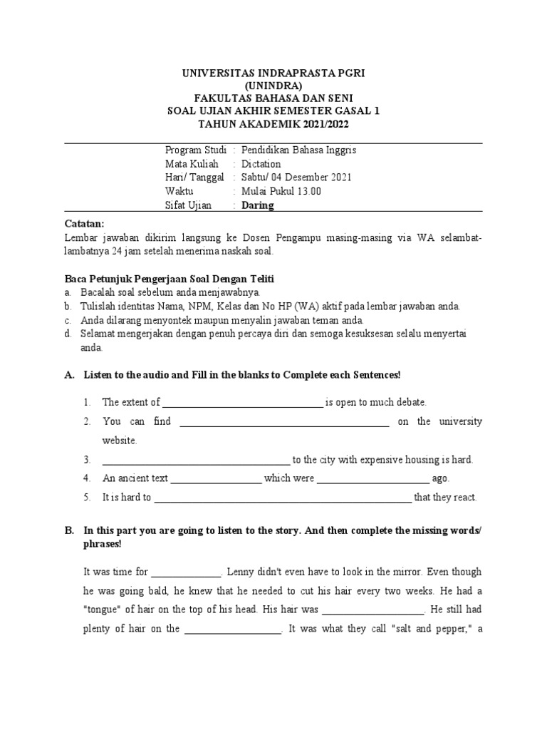 Soal UAP Dictation Gasal 2122 - Non Reguler | PDF