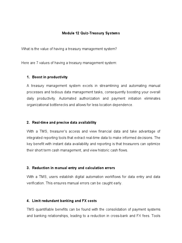 Module 12 Quiz-Treasury Systems - Treasury Management | PDF | Banks ...