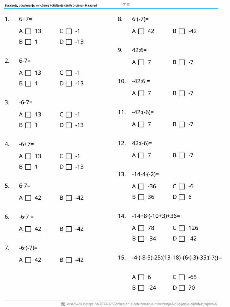 1zbrajanje Oduzimanje Mnozenje I Dijeljenje Cijelih Brojeva 6 Razred | PDF