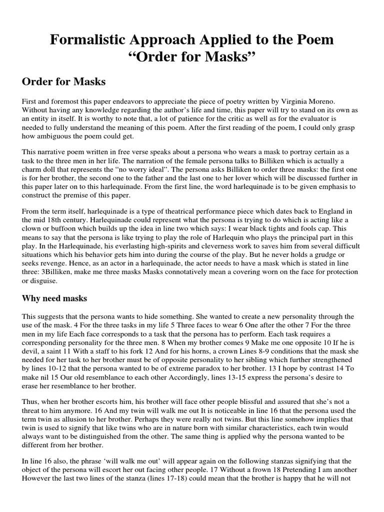 Formalistic Approach Applied To The Poem "Order For Masks" | PDF