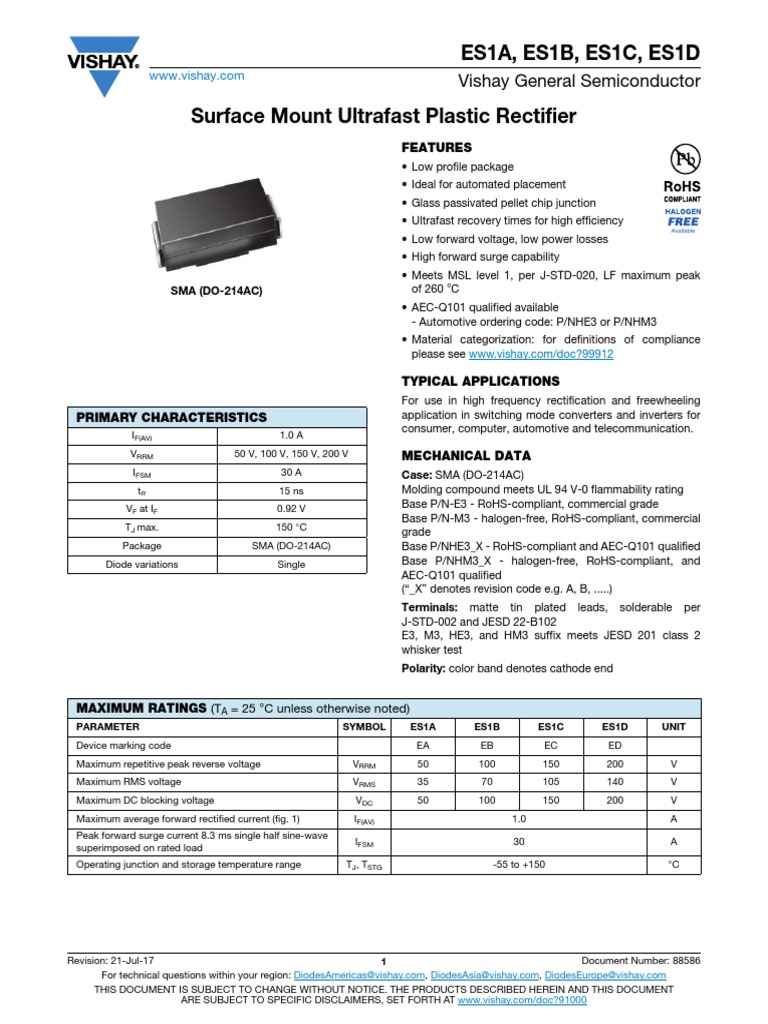 Es1A, Es1B, Es1C, Es1D: Vishay General Semiconductor | PDF | Rectifier ...