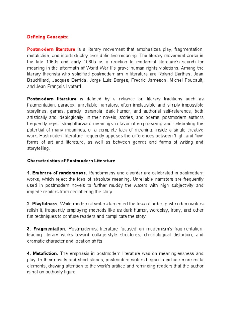 Defining Concepts: Postmodern Literature | PDF | Postmodern Literature ...
