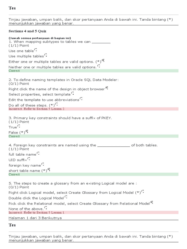 Sections 4 and 5 Quiz: Correct | PDF | Relational Model | Databases