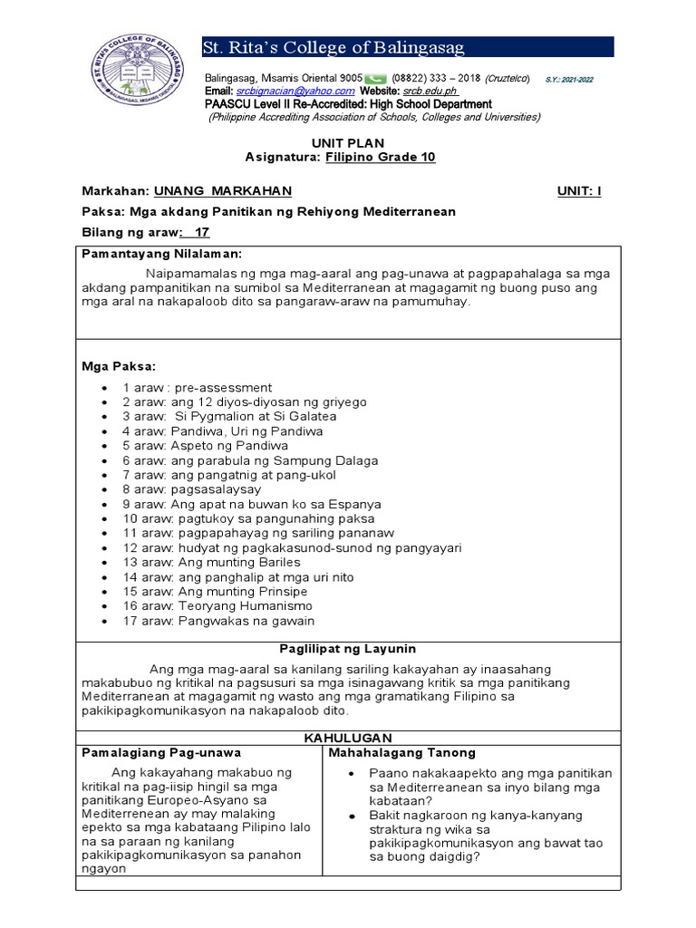 Unitplan Grade 10 Melc | PDF