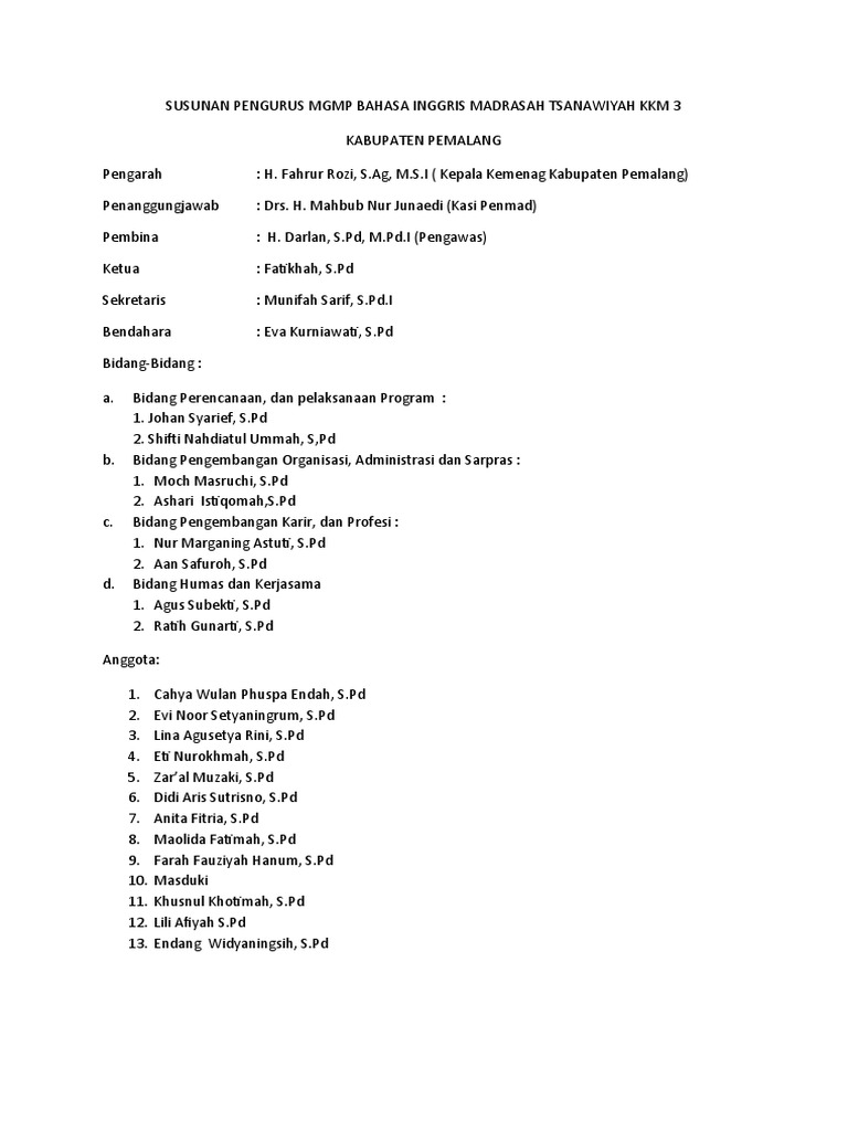 Susunan Pengurus MGMP Bahasa Inggris Madrasah Tsanawiyah KKM 3-1 | PDF