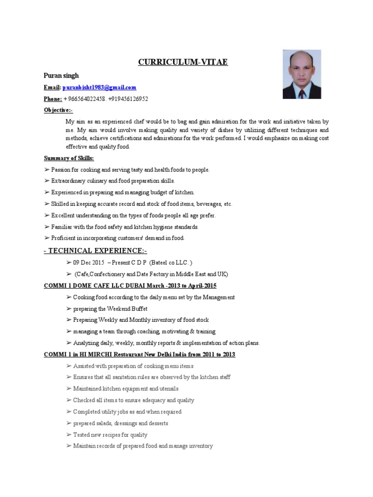 Puran Singh CV - CDP | PDF | Foods | Chef