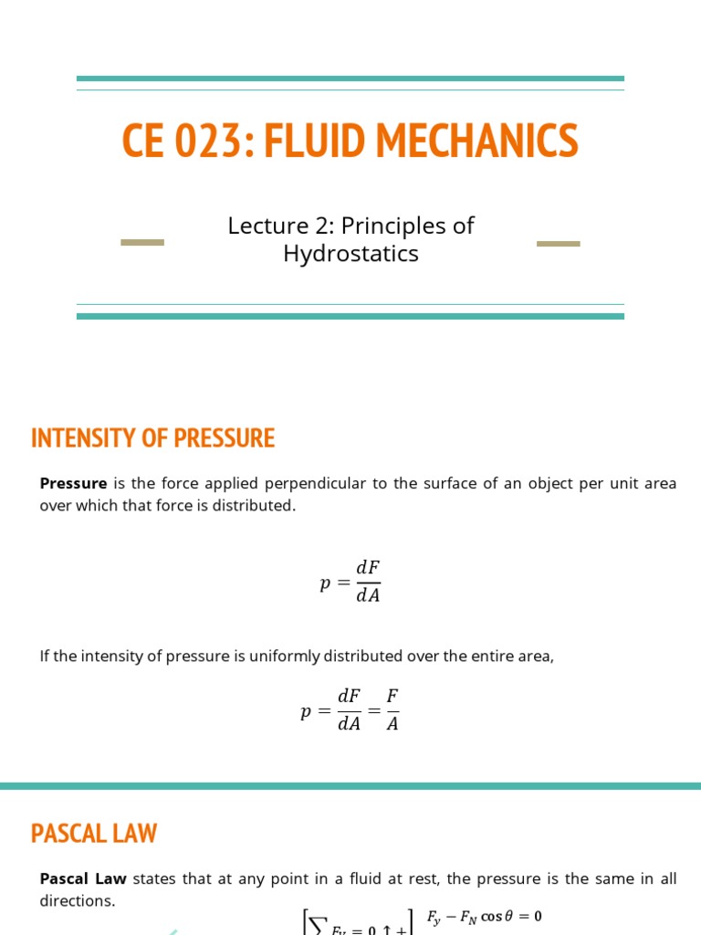 Principles of Hydrostatics (CE 023 Fluid Mechanics) | PDF | Pressure | Pressure Measurement