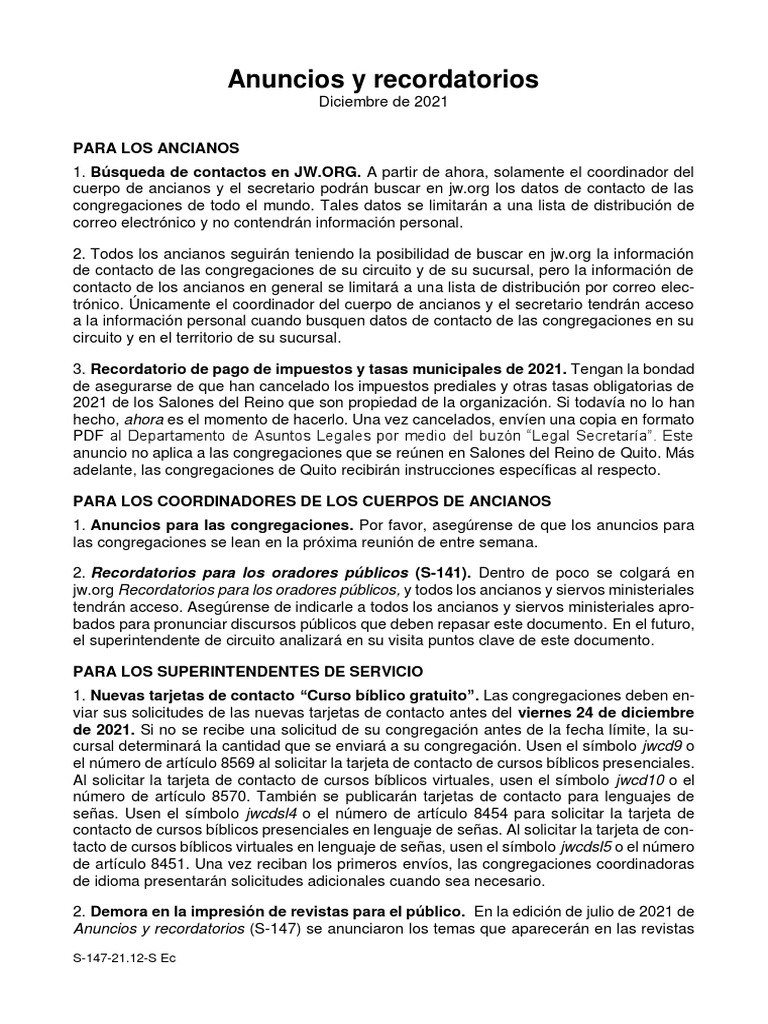 Anuncios y Recordatorios: Anuncios y Recordatorios (S-147) Se ...