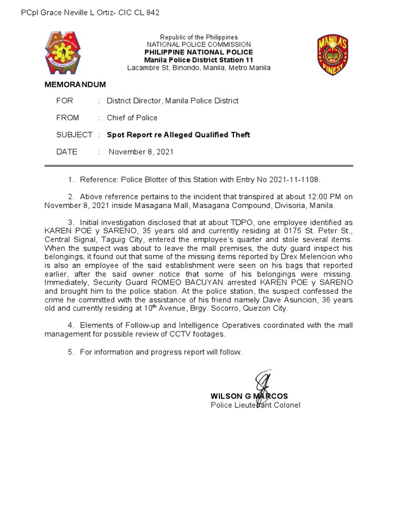 Spot-Report-on-Alleged-Qualified Theft | PDF