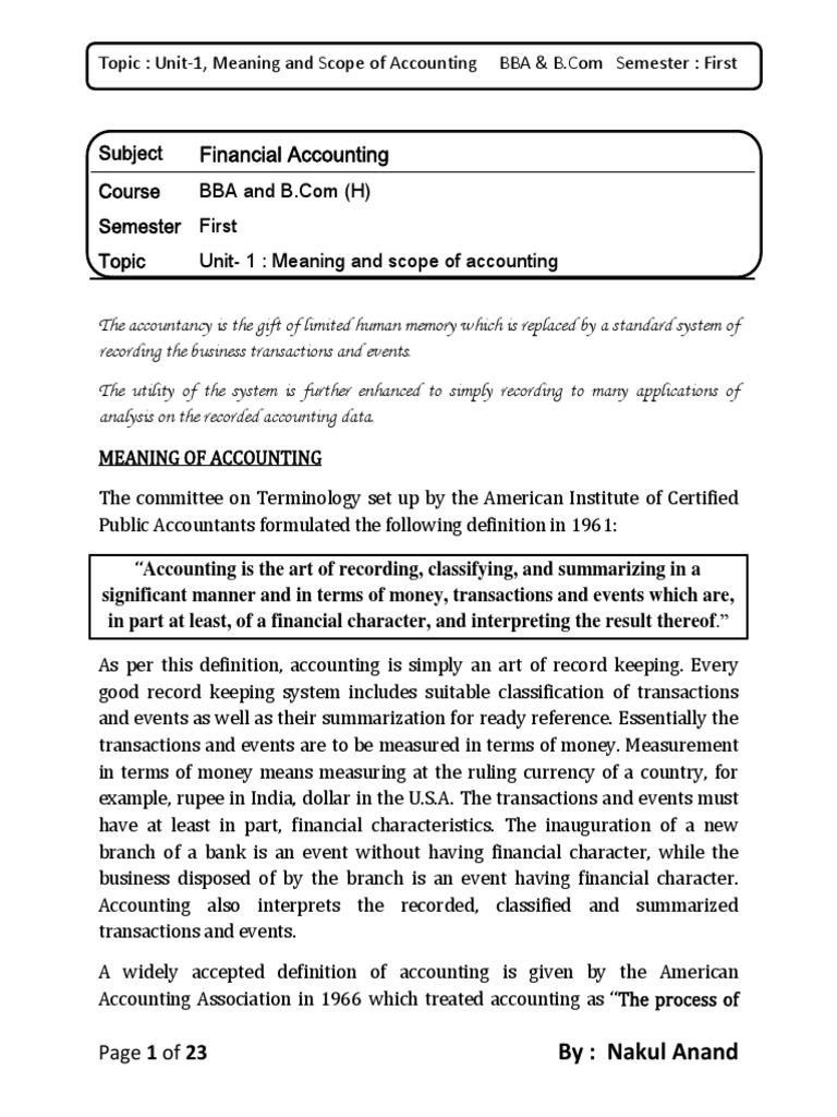 Notes Unit-1 Financial Accounting-1 | PDF | Accounting | Bookkeeping