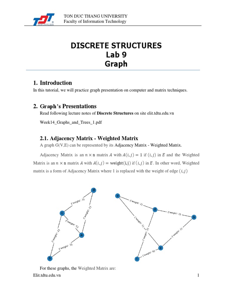 Discrete Structures Lab 9 Graph: 2.1. Adjacency Matrix - Weighted ...