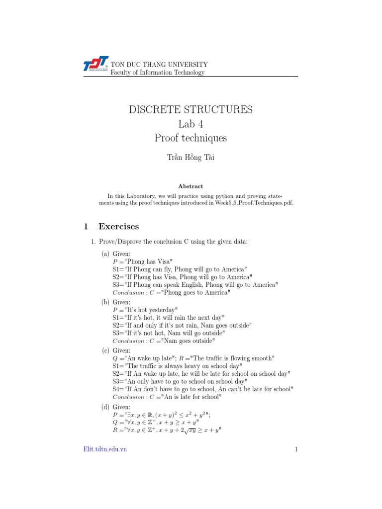 Discrete Structures Lab 4 Proof Techniques: 1 Exercises | PDF ...