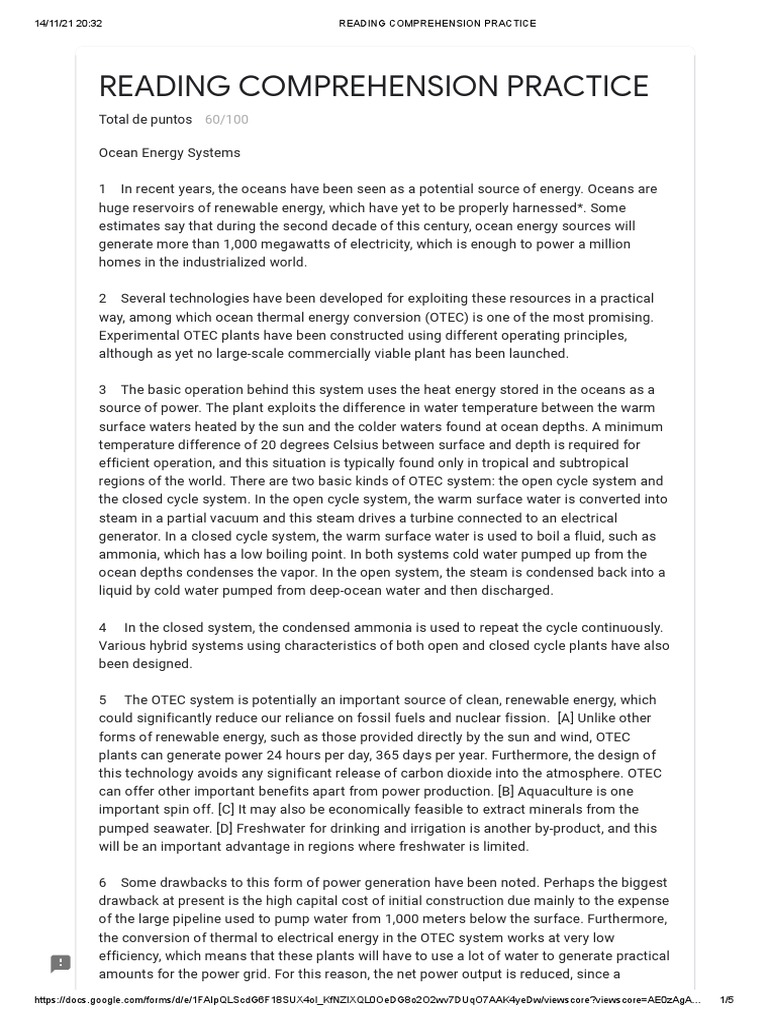 Reading Comprehension Practice | PDF | Water | Energy Development