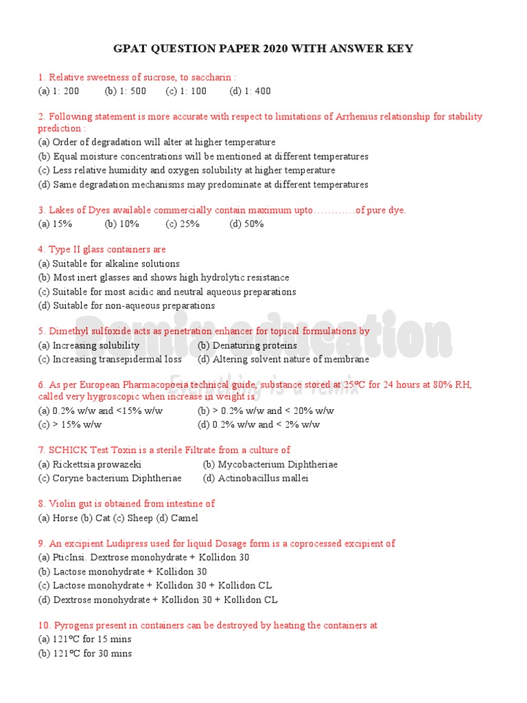 Gpat Question Paper 2020 With Answer Key | PDF | Solution | Viscosity
