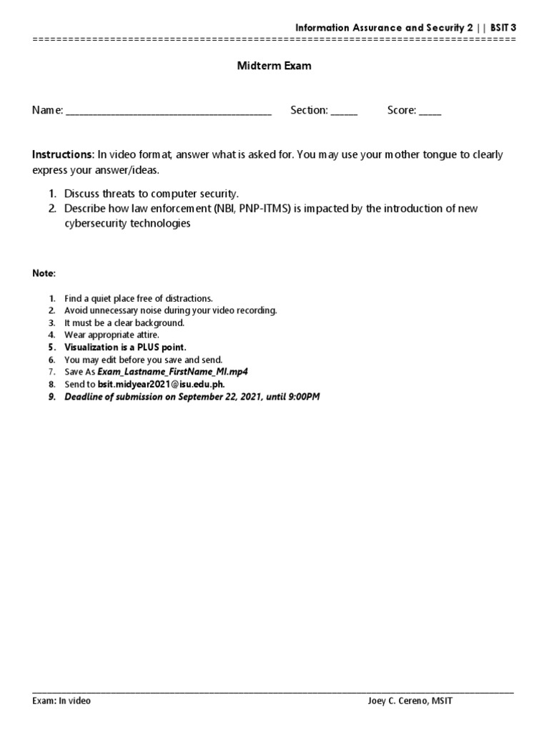 Midterm Video Exam on Cybersecurity | PDF | Essays | Rubric (Academic)