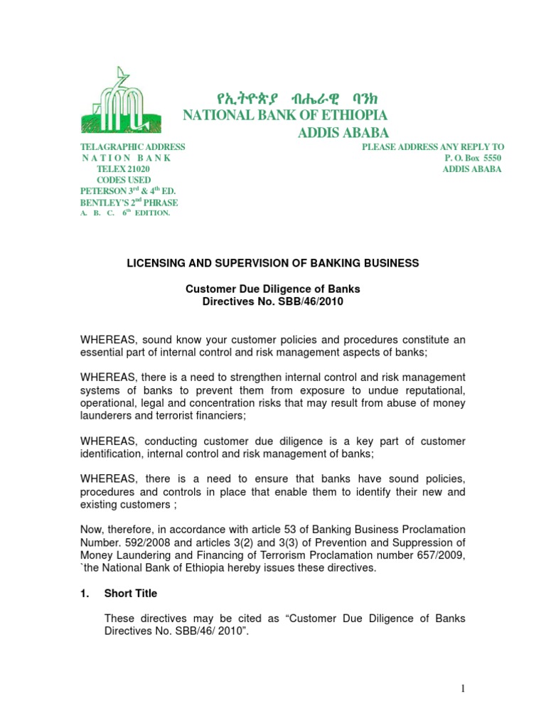 National Bank of Ethiopia - Directives No. SBB-46-2010 - Customer Due Diligence of Banks | PDF ...