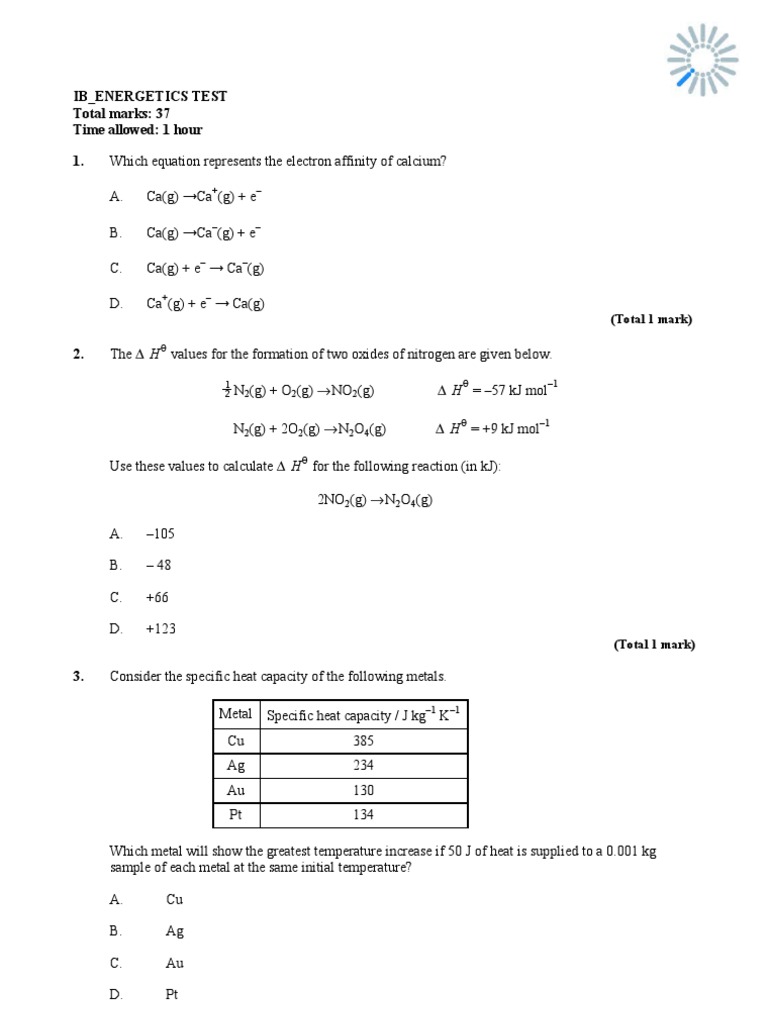 IB Energetics Test Questions and Answers | PDF | Chemical Reactions ...