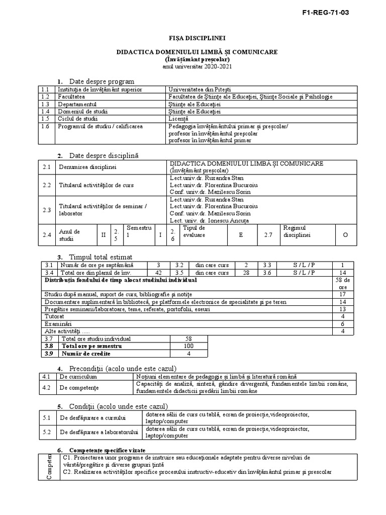 Fise - Disciplina - Didactica DLC - Prescolar - 2020-2021 | PDF