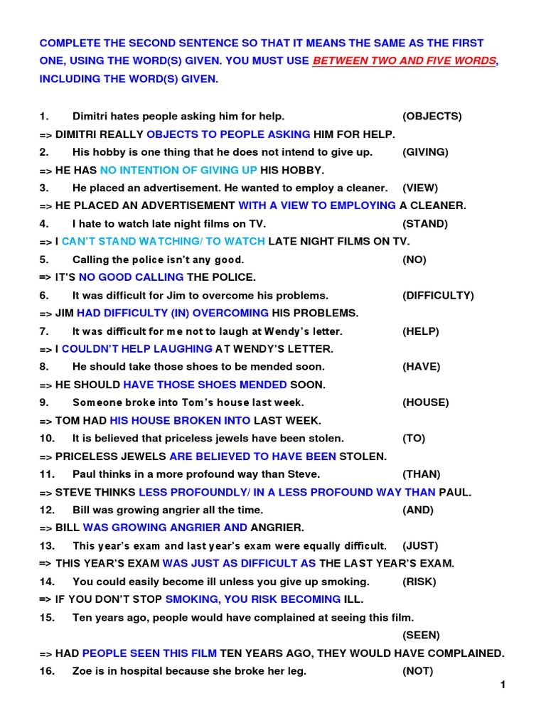 Sentence Transformation Exercises | PDF