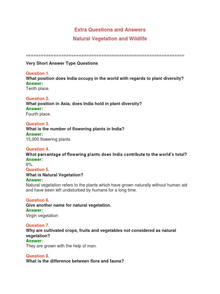 Extra Questions and Answers Natural Vegetation and Wildlife: Answer ...