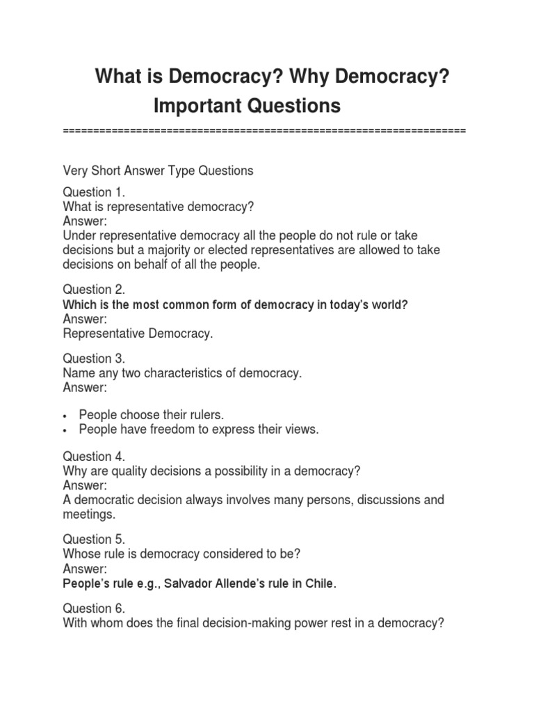 What Is Democracy? Why Democracy? Important Questions | PDF | Political ...