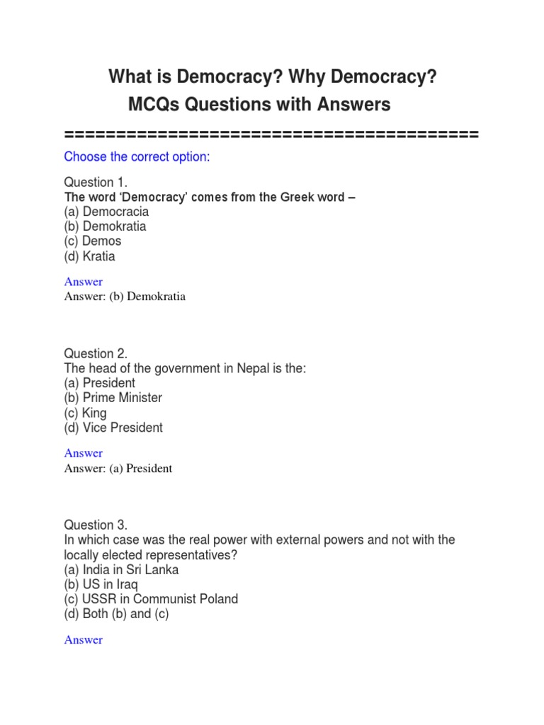 What Is Democracy? Why Democracy? Mcqs Questions With Answers | PDF ...