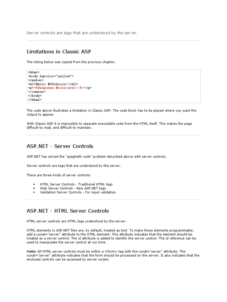 Limitations In Classic Asp Server Controls Are Tags That Are Understood By The Server Pdf