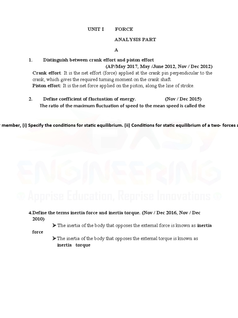 Unit I Force Analysis Part A | PDF | Force | Torque