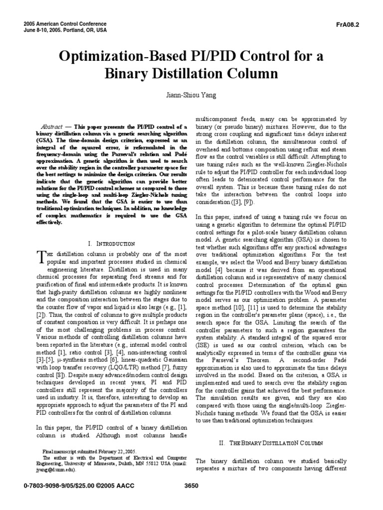 Optimization-Based PI/PID Control For A Binary Distillation Column | Download Free PDF | Control ...