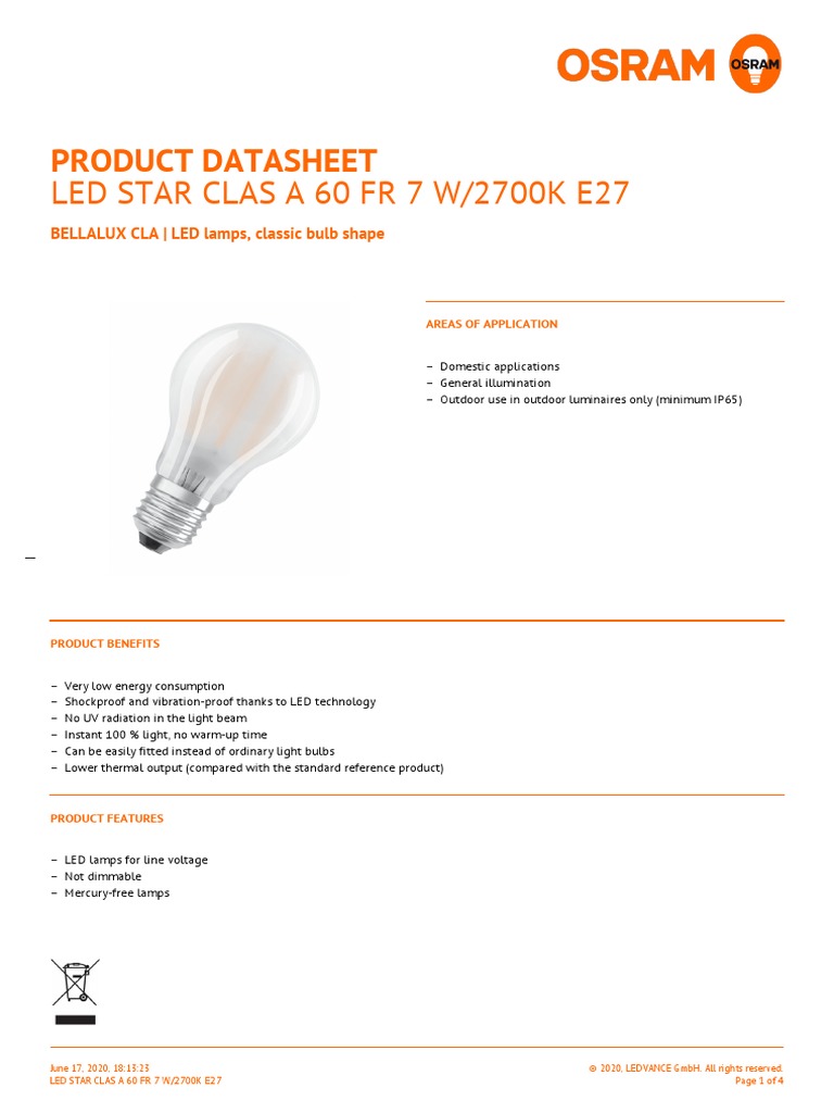 Led Star Clas A 60 FR 7 W/2700K E27: Product Datasheet | PDF ...
