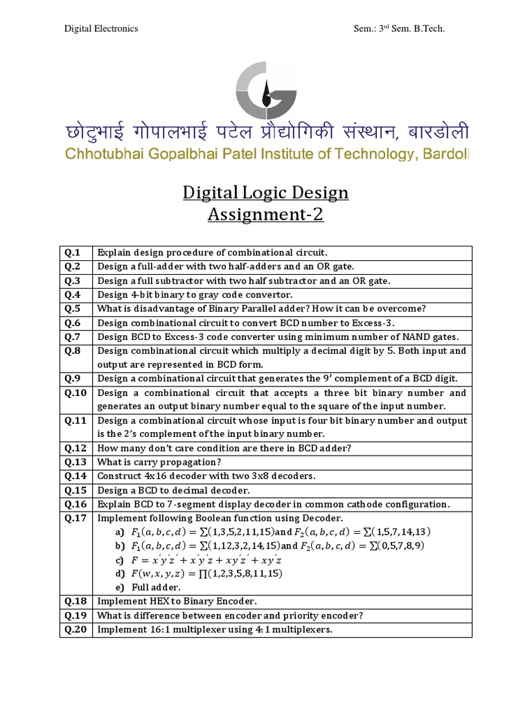 Digital Logic Design Assignment-2: Digital Electronics Sem.: 3 Sem. B ...