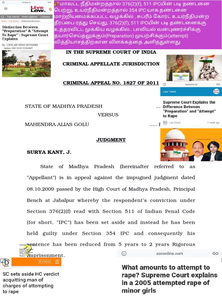 Distinction BW Preparation Attempt To Rape Explained State of MP Vs ...
