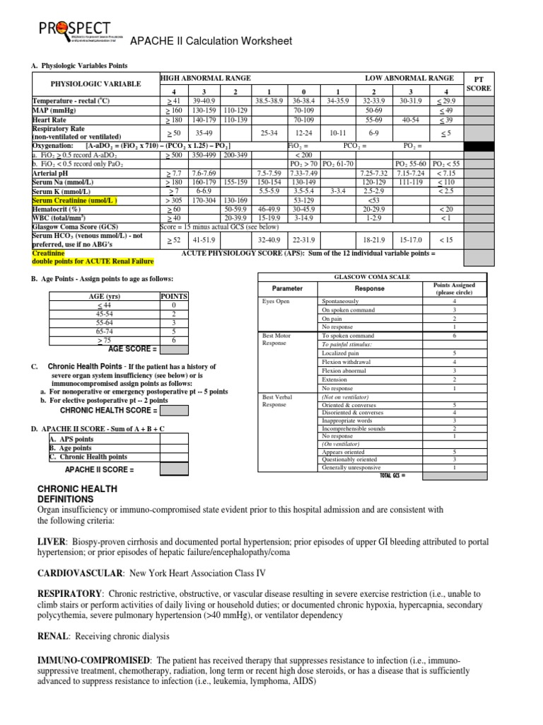 PROSPECT APACHE II Calculation Worksheet | PDF | Diseases And Disorders ...