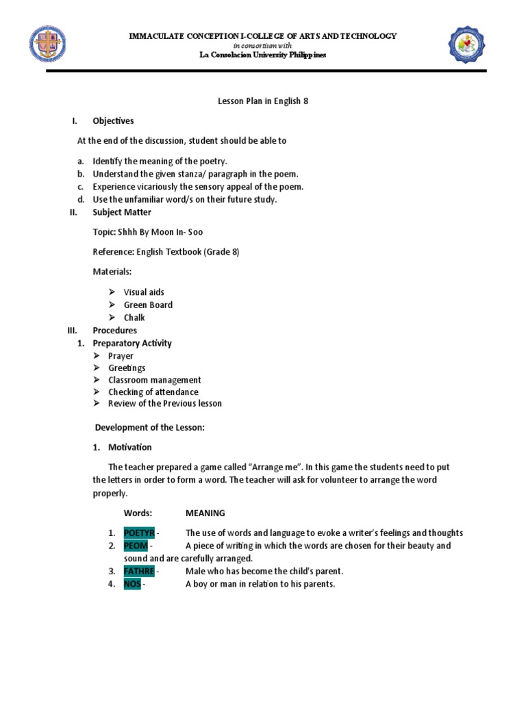 Lesson Plan Poem Grade 8 | PDF | Poetry | Lesson Plan